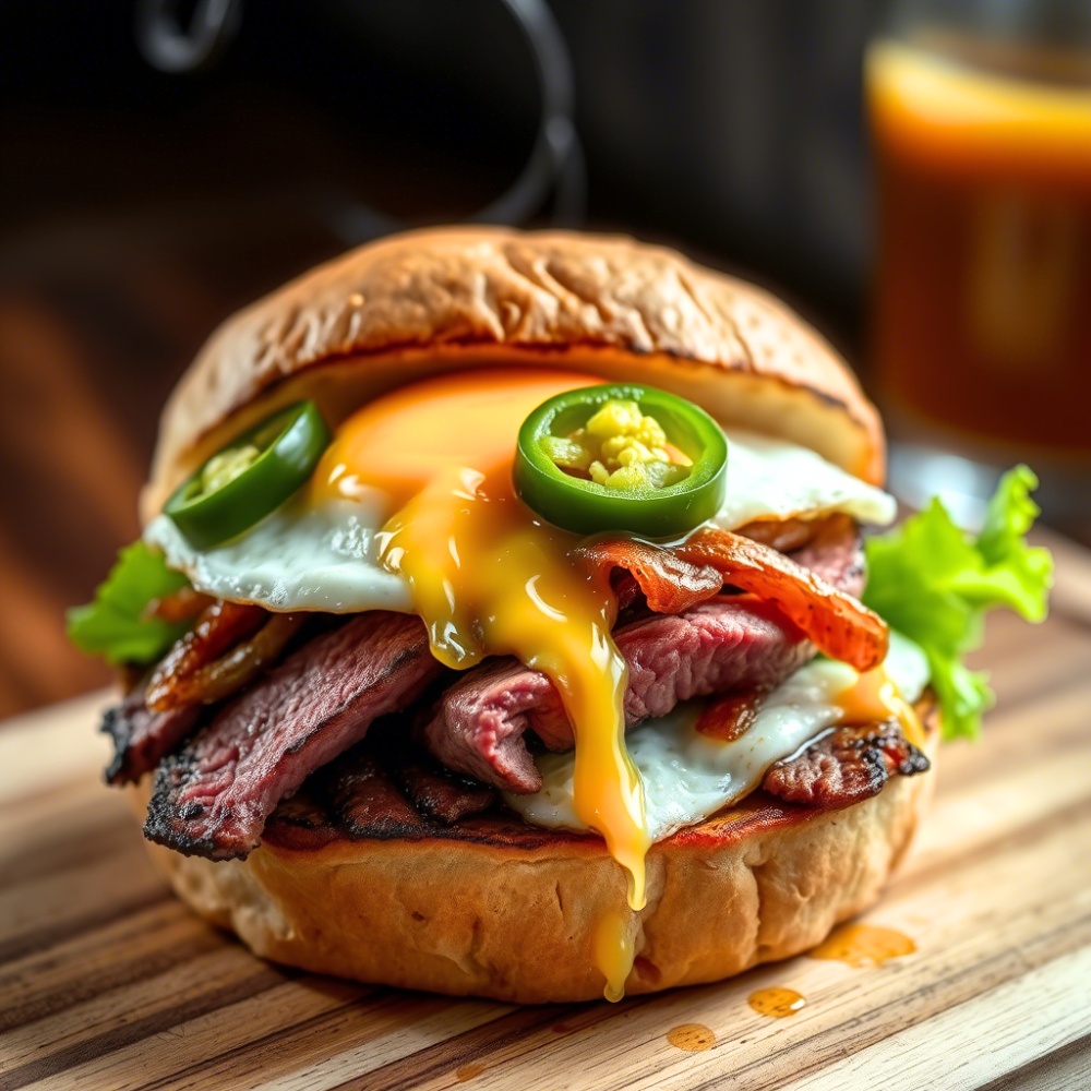 Sandwich brunch au bifteck de surlonge et œuf coulant