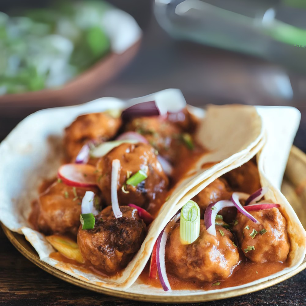Tacos với thịt viên heo, sốt hamburger, thịt bò bít tết và phô mai bào